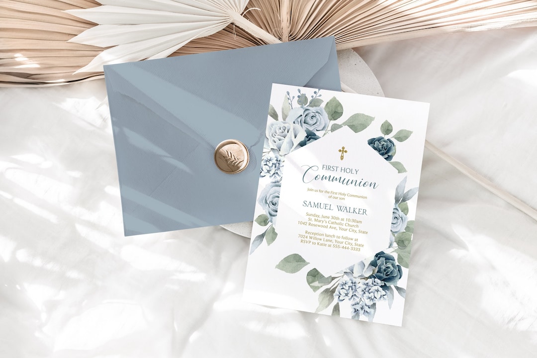 Blue Floral First Holy Communion Invitation, Boy’s First Communion ...