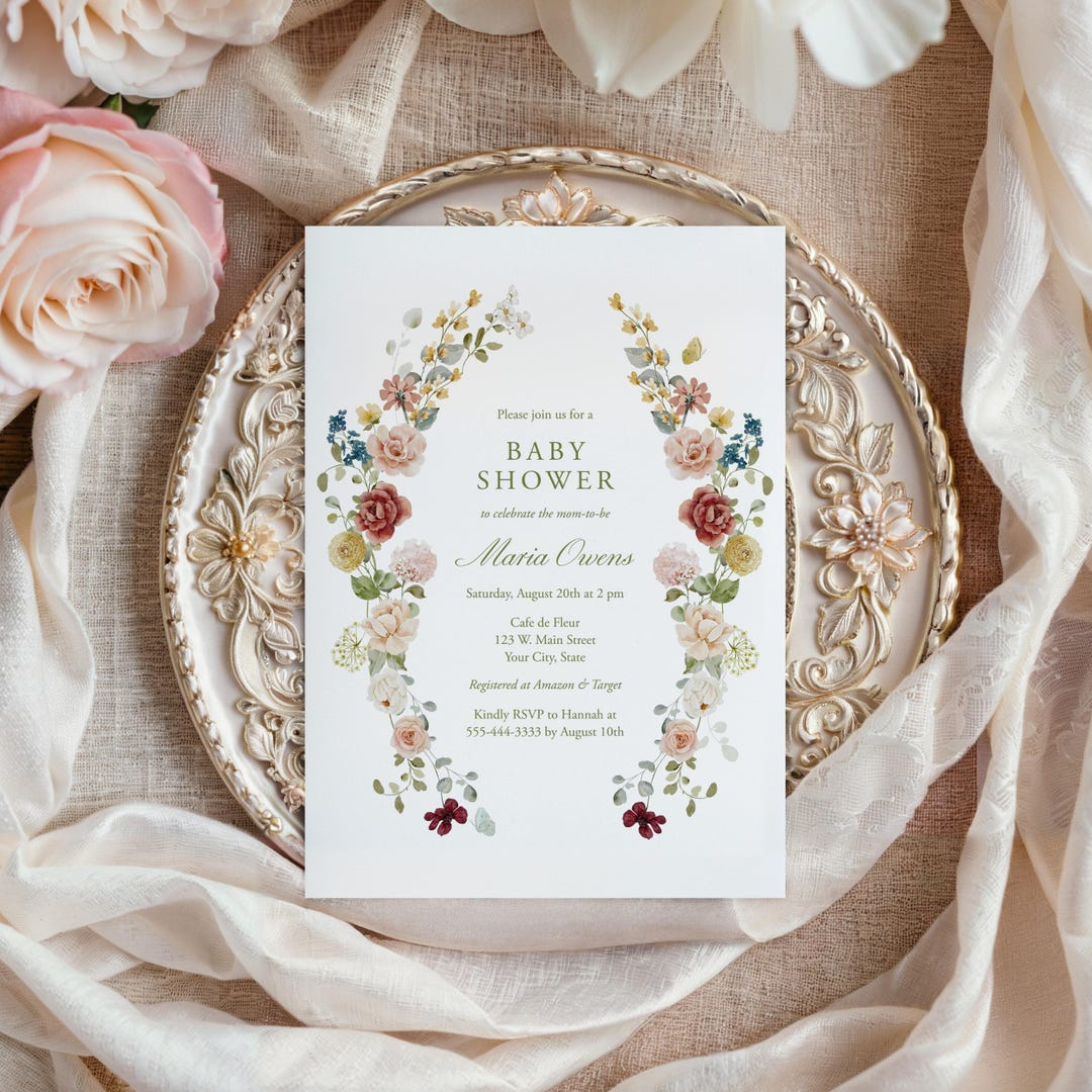 Floral Baby Shower Invitation Template, Watercolor Flower Design ...