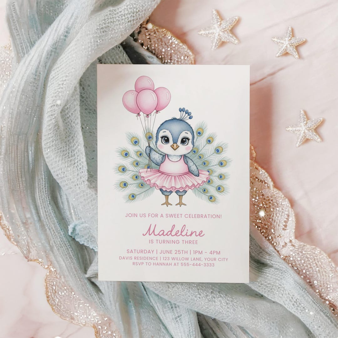Peacock Birthday Invitation Template, Cute Animal Party Invite, Pink ...
