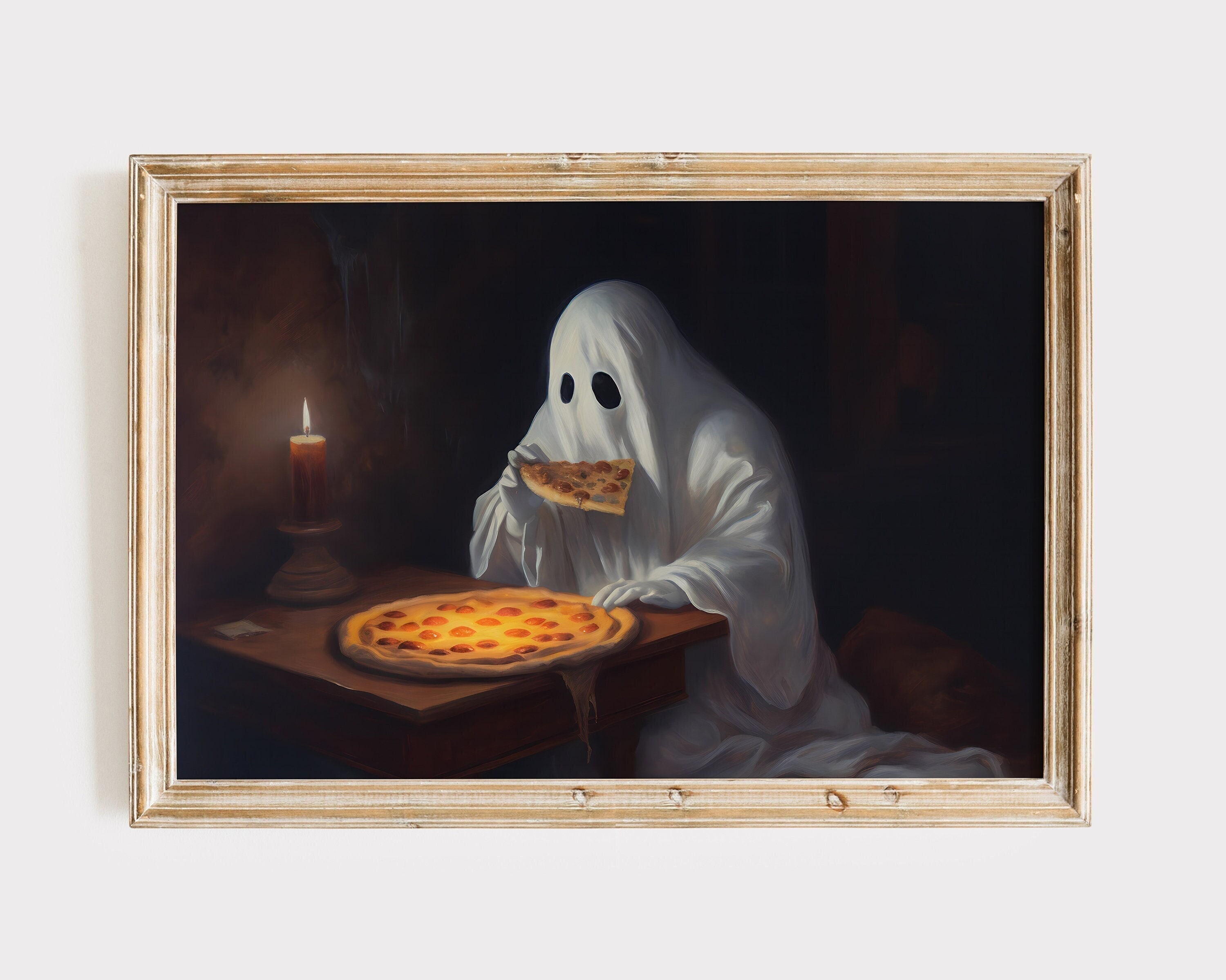 Ghost Eating Pizza Painting, Cute Ghost Printable Art, Halloween Home ...