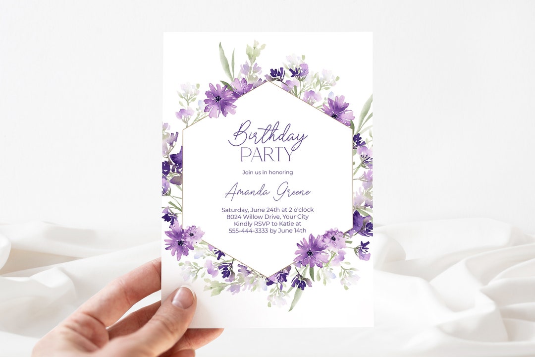 Lavender Birthday Party Invitation, Cottage Floral Woman's Birthday ...