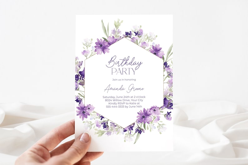 Lavender Birthday Party Invitation, Cottage Floral Woman's Birthday ...