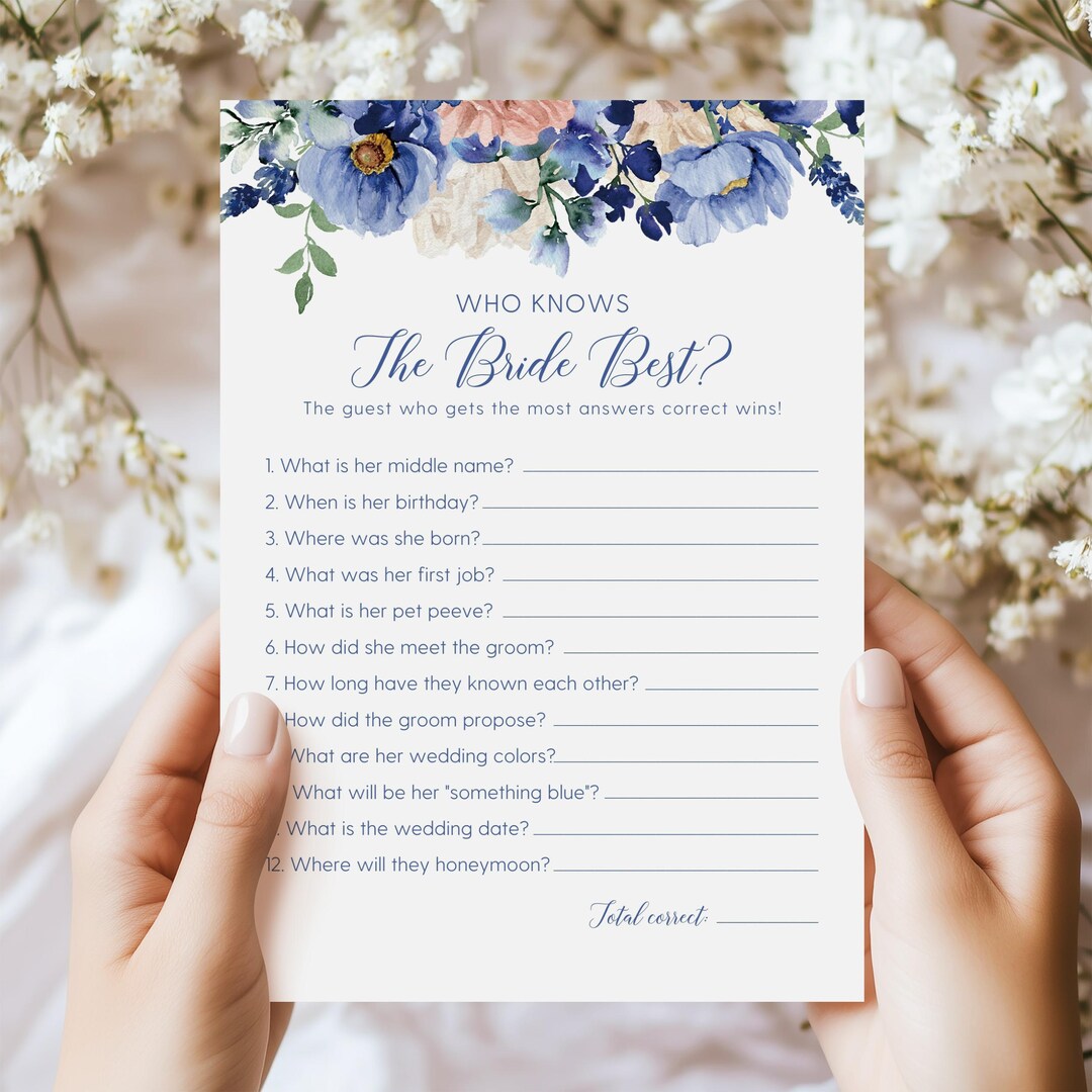 Boho Bridal Shower Game Template, Who Knows the Bride Best, Periwinkle ...