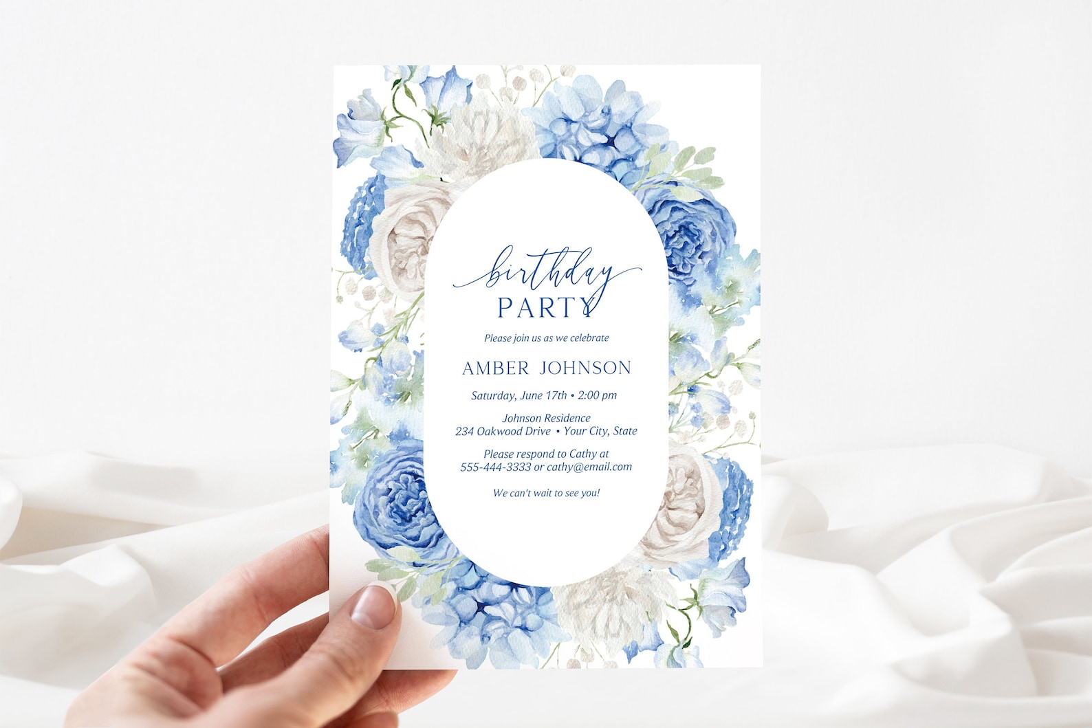Blue Floral Birthday Party Invitation, Boho Chic Woman's Birthday ...