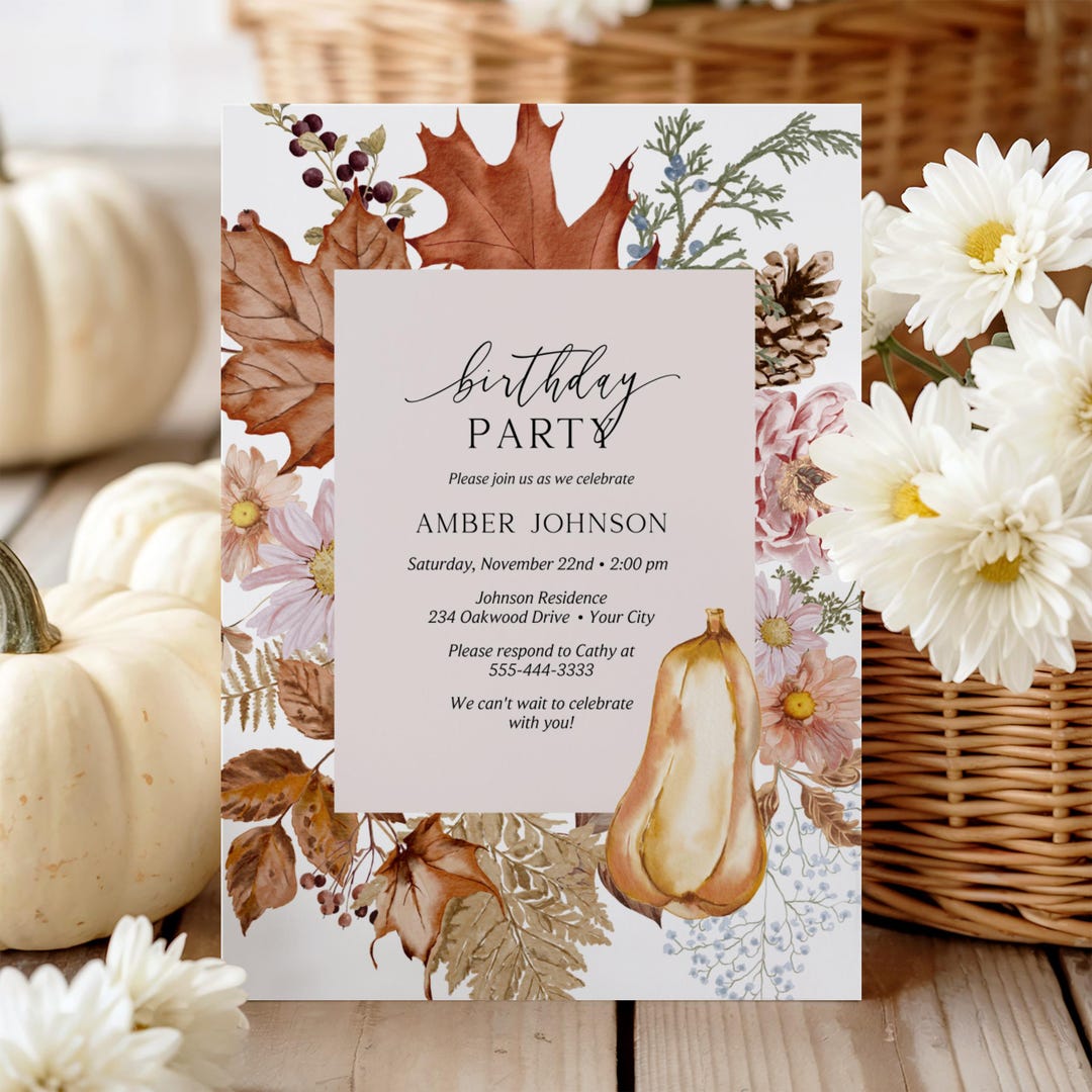 Fall Birthday Party Invite Template, Autumn Floral Invitation ...