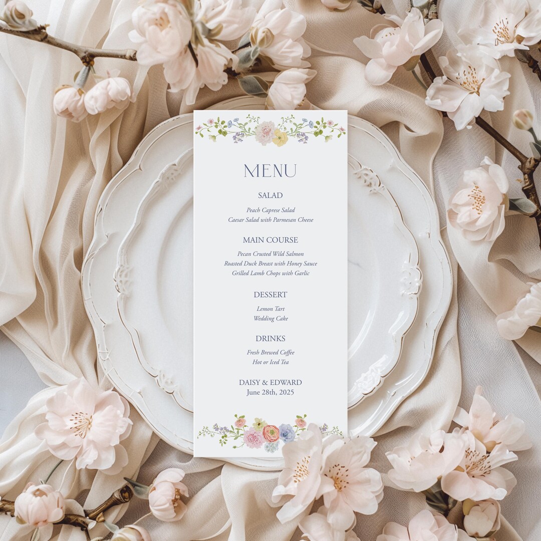 Spring Wedding Menu Card Template, Cottage Floral Reception Table Decor ...