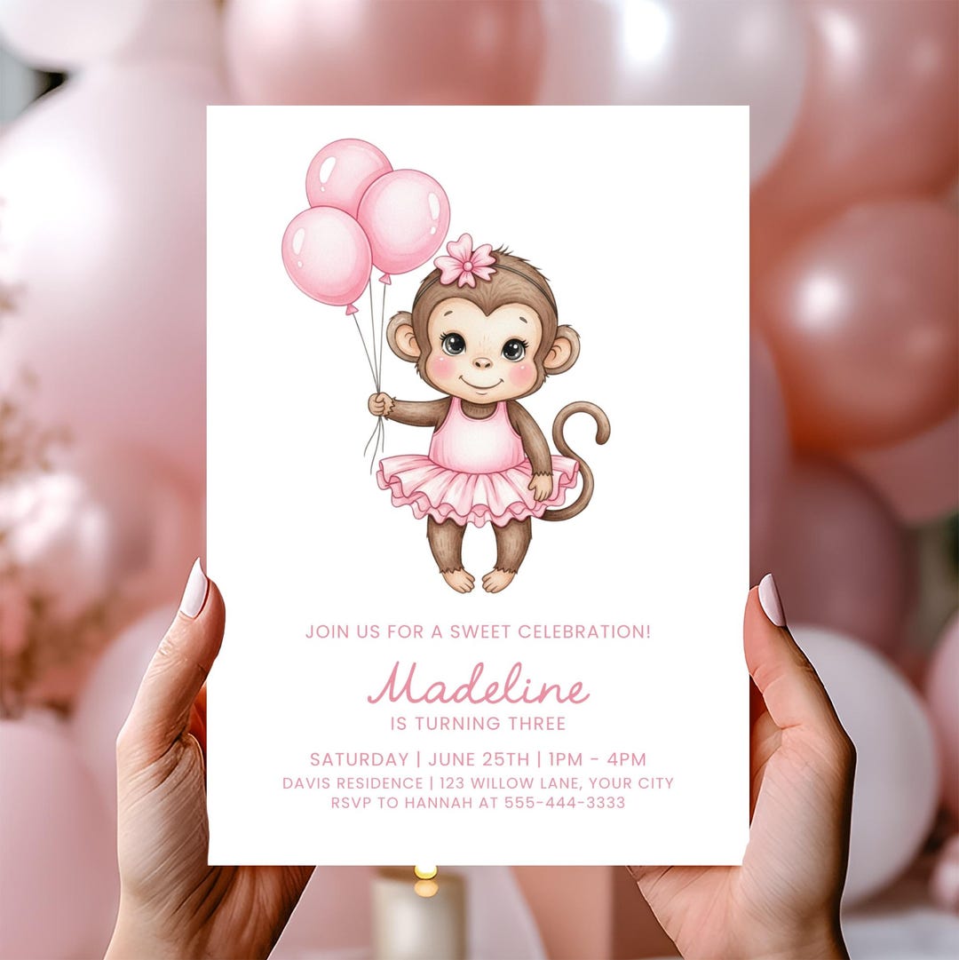 Monkey Girl Birthday Invitation Template, Ballerina, CORJL Editable ...