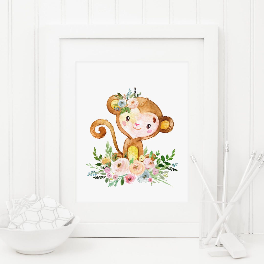 Pastel Floral Monkey Printable, Instant Download, Jungle Nursery Wall ...