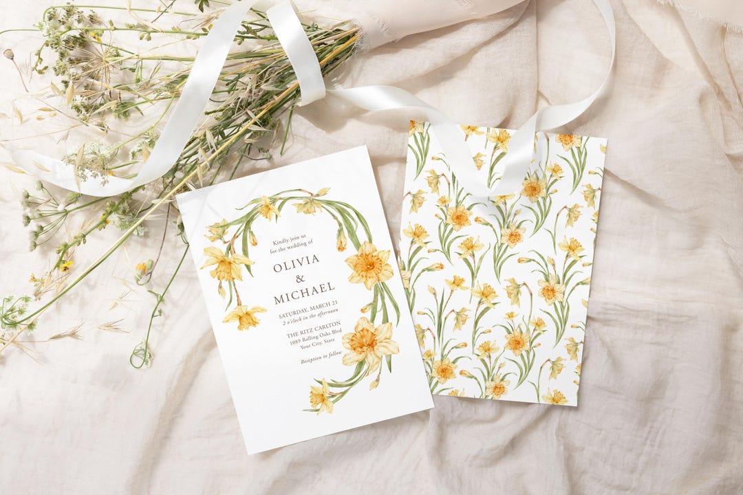 Daffodil Wedding Invitation Template, Floral Wreath Corjl Invite ...