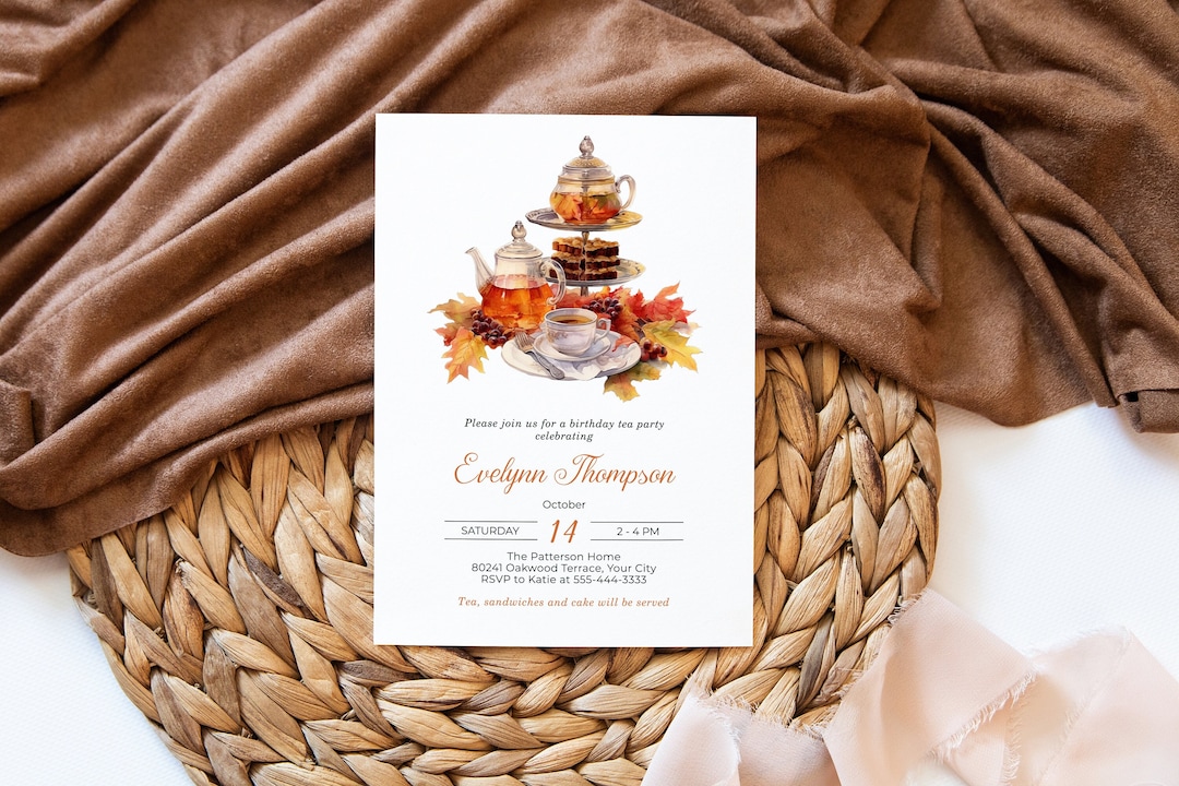 Autumn Birthday Tea Party Invitation, Fall Foliage Birthday Party ...