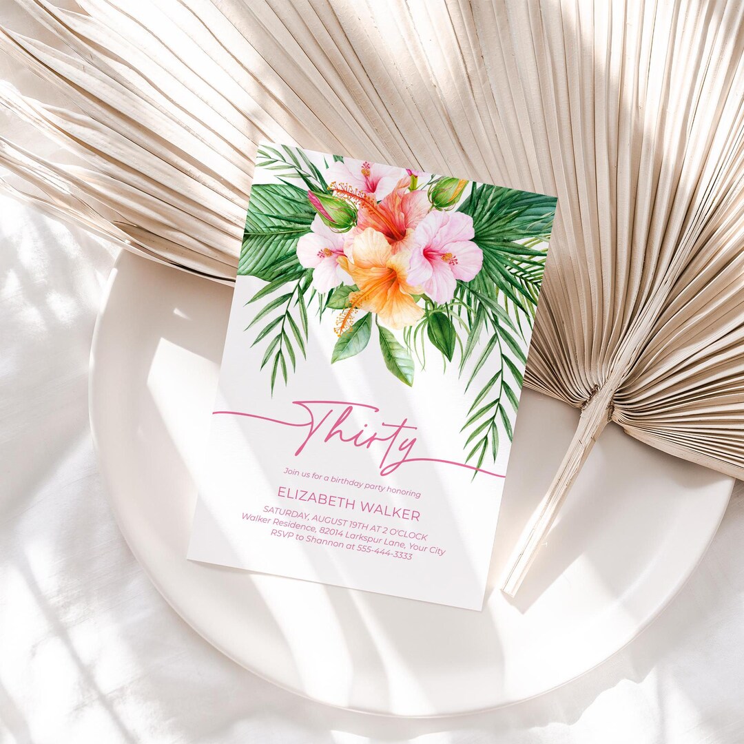 Thirty Birthday Party Invitation Template, Pink Hibiscus 30th Birthday ...