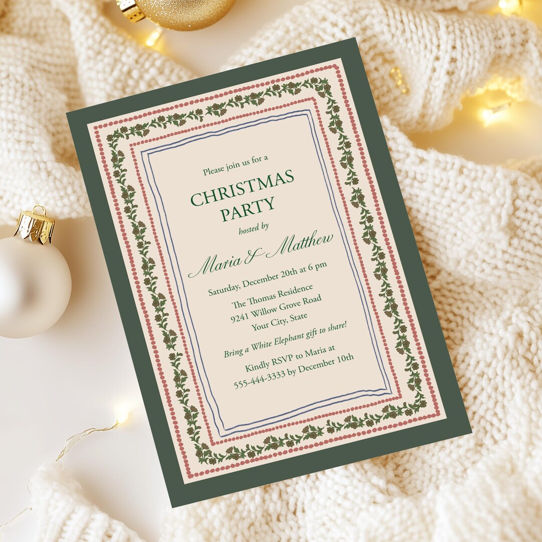 Christmas Party Invitation, Corjl Template, Hand Drawn Floral Border ...