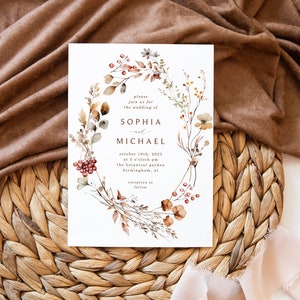 Autumn Wedding Invitation, Fall Foliage Wedding Invite, Herbs, Floral ...