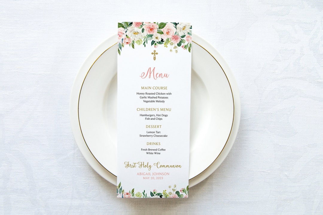 Pink Floral First Holy Communion Menu Card, Boho Menu Card, Tower Menu ...