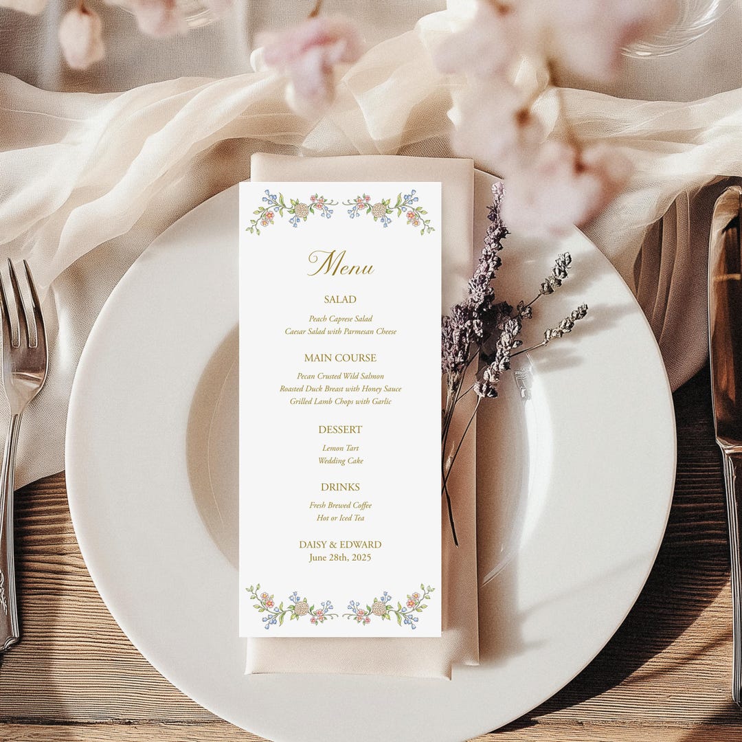 Wedding Menu Card Template, Editable Floral Menu, Printable Reception ...