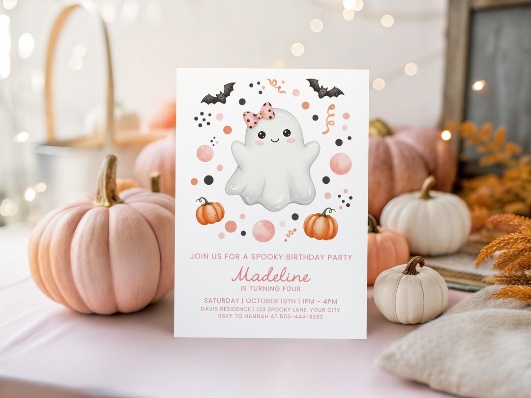 Ghost With Pink Bow Birthday Party Invitation, Editable Cute Spooky ...