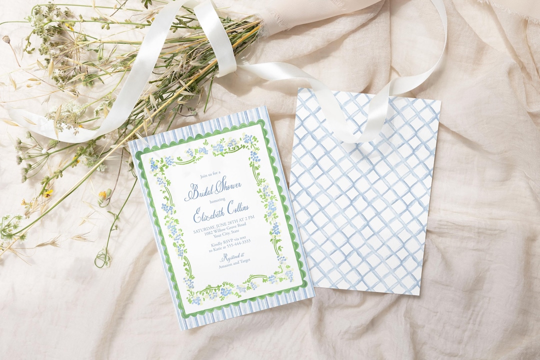 Preppy Bridal Shower Invitation, Editable Blue and Green Floral ...