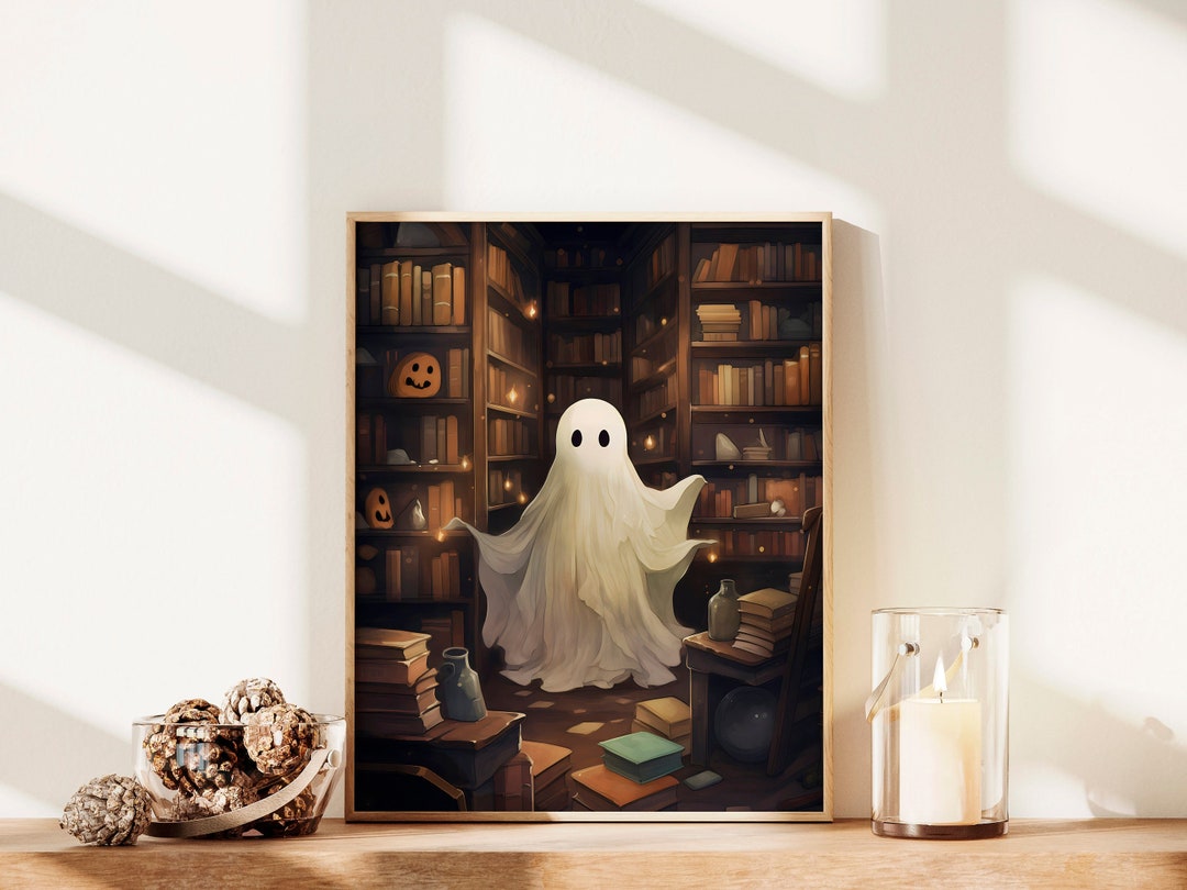 Cute Ghost in Library Printable Art Print, 16x20, Instant Download ...