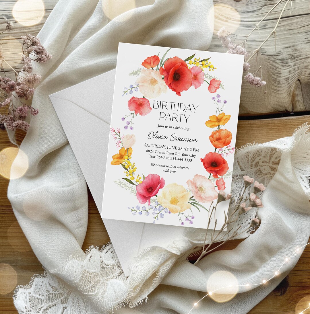 Poppy Birthday Party Invitation Template, Summer Floral Woman's ...