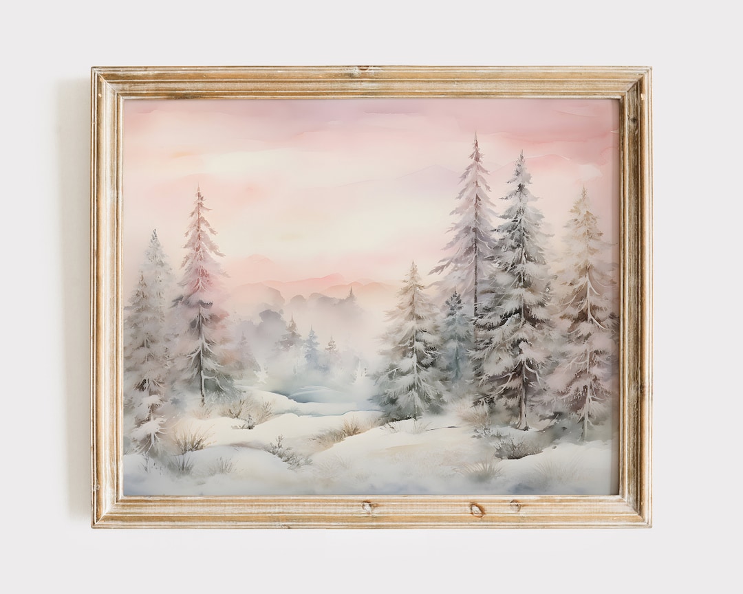 Winter Scene Watercolor Painting, Pastel Snowy Wall Art, Seasonal Home ...