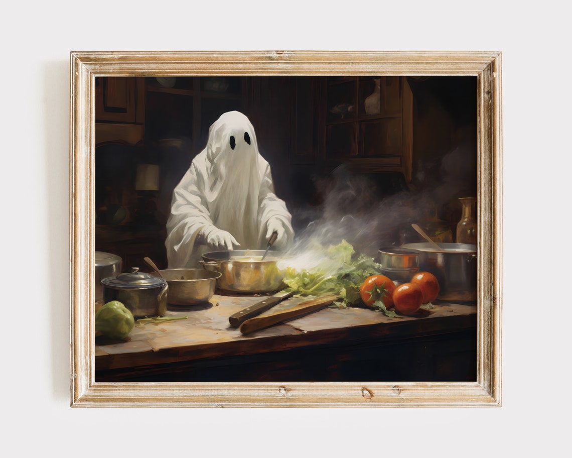 Cute Ghost Cooking Painting, Ghost Chef in Kitchen Printable Art ...