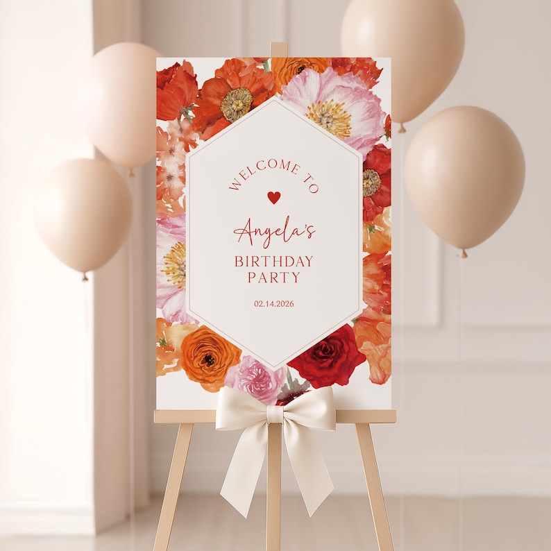 Floral Welcome Sign Template, Corjl Editable, Birthday Party, Bridal ...