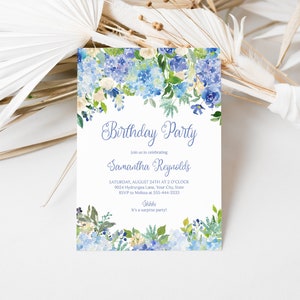 Blue Hydrangea Birthday Party Invitation, Blue Floral Woman's Birthday ...