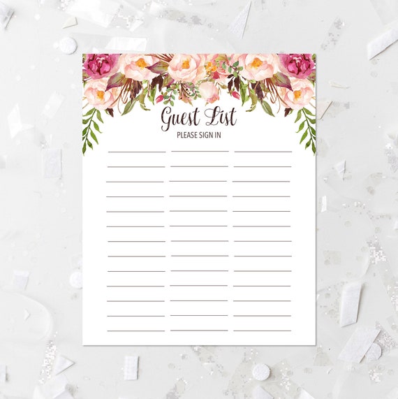 Bohemian Guest List Printable Boho Bridal Shower Sign In Sheet Etsy