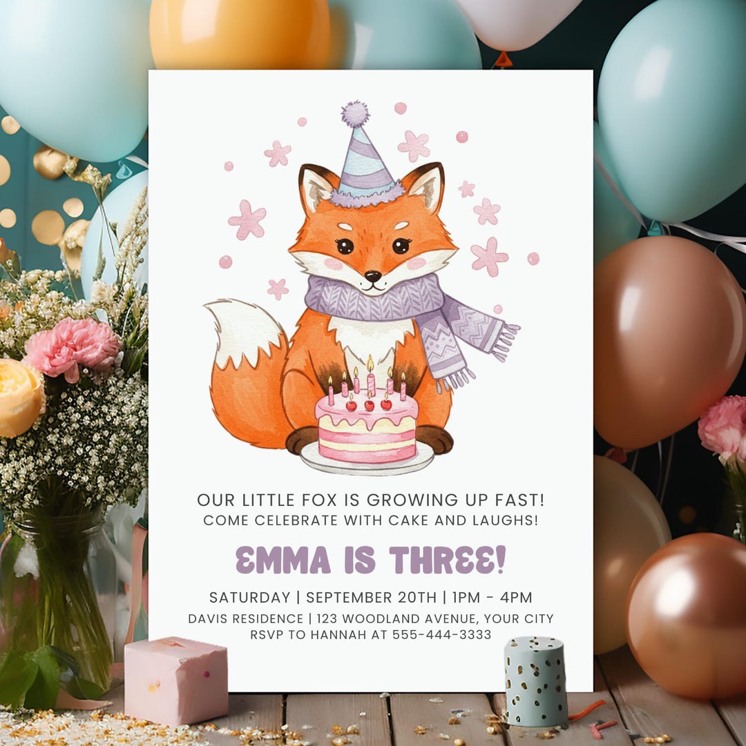 Fox Party Invitation Template, Woodland Animals Birthday Invite, Cute ...