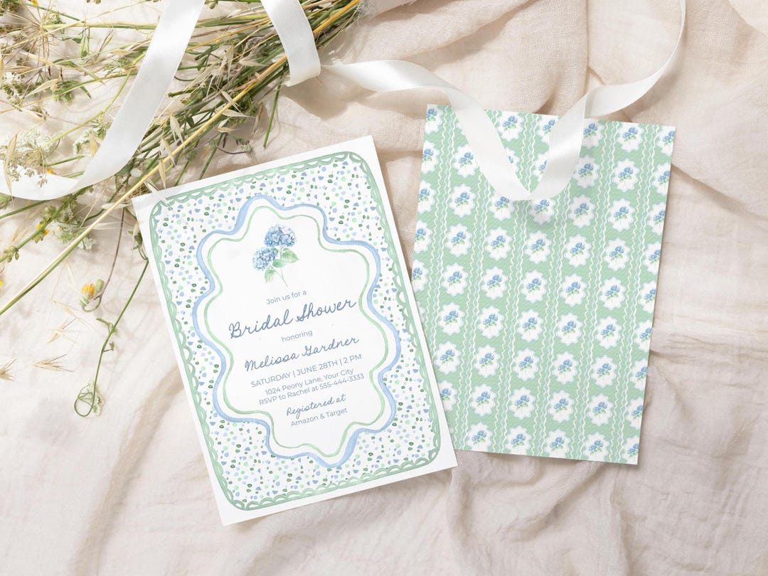 Grand Millennial Bridal Shower Invitation Template, Editable Blue ...
