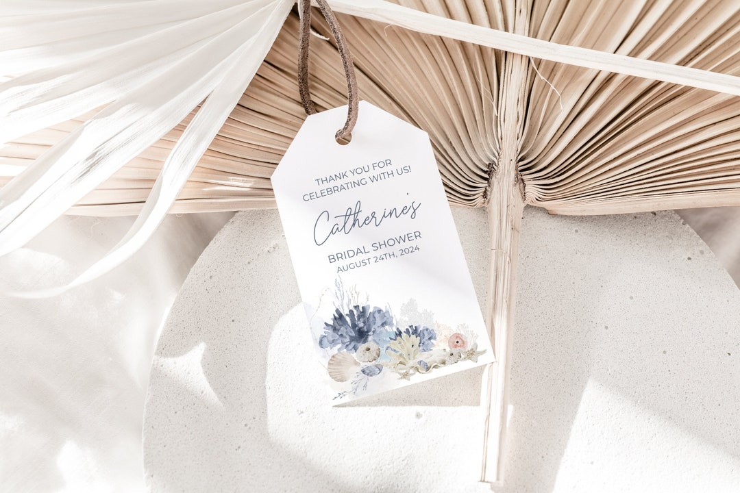 Coastal Seashell Favor Tag, 3.5x2, Blue Coral Thank You Hang Tag, Ocean ...