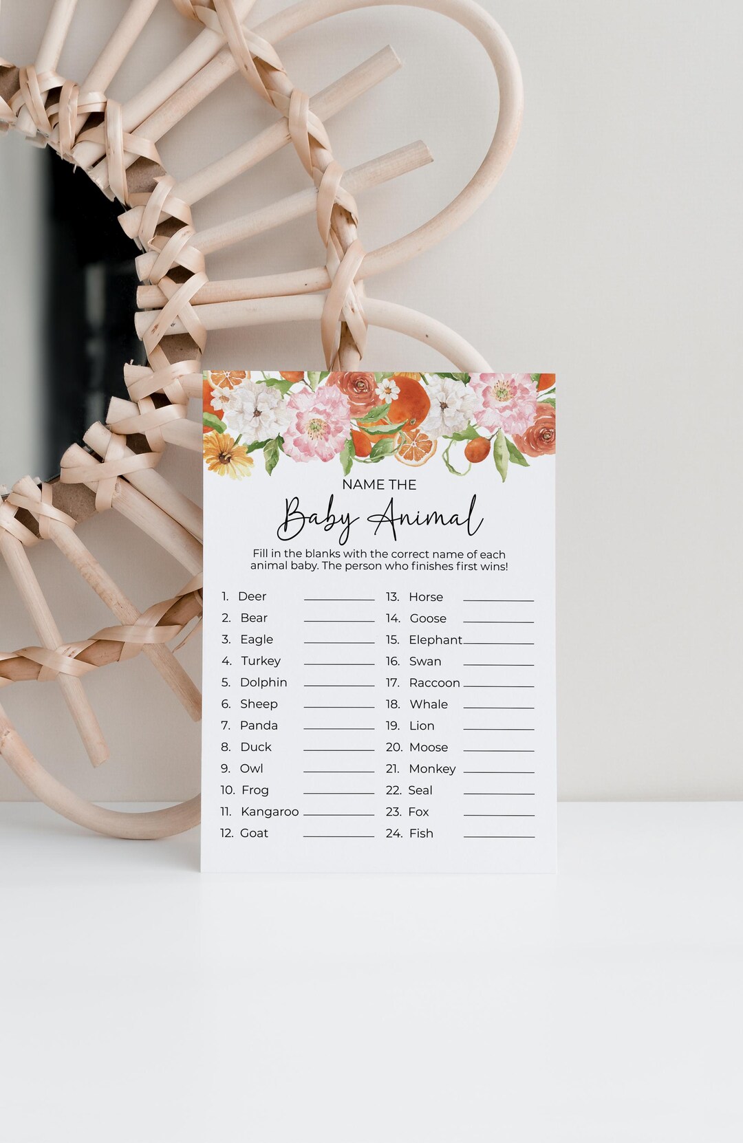 Name the Baby Animal Game Template With Answer Key, Citrus Baby Shower ...