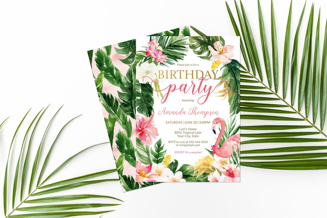 Tropical Birthday Party Invitation, Editable Template, Flamingo ...