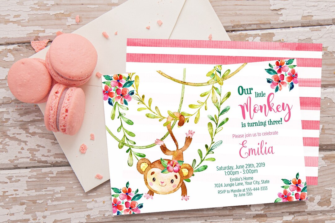 Editable Monkey Birthday Party Invitation, Any Age, Pink Floral Monkey ...