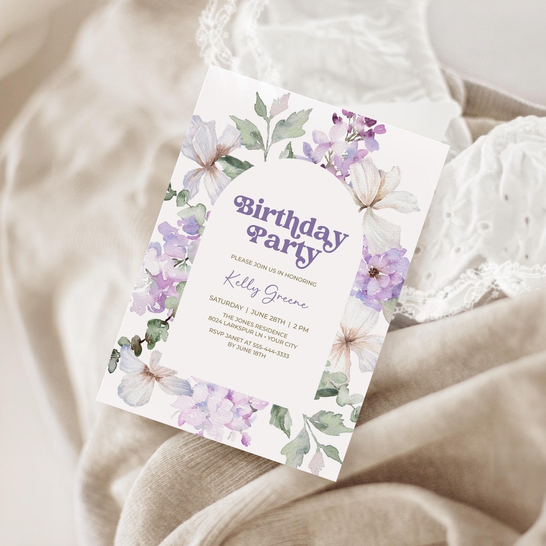 Lavender Birthday Party Invitation, Cottage Floral Woman's Birthday ...