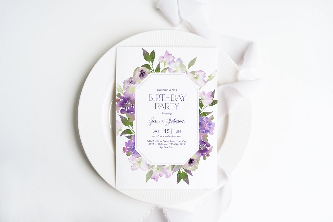 Lavender Floral Birthday Party Invitation, Woman's Birthday Invite ...