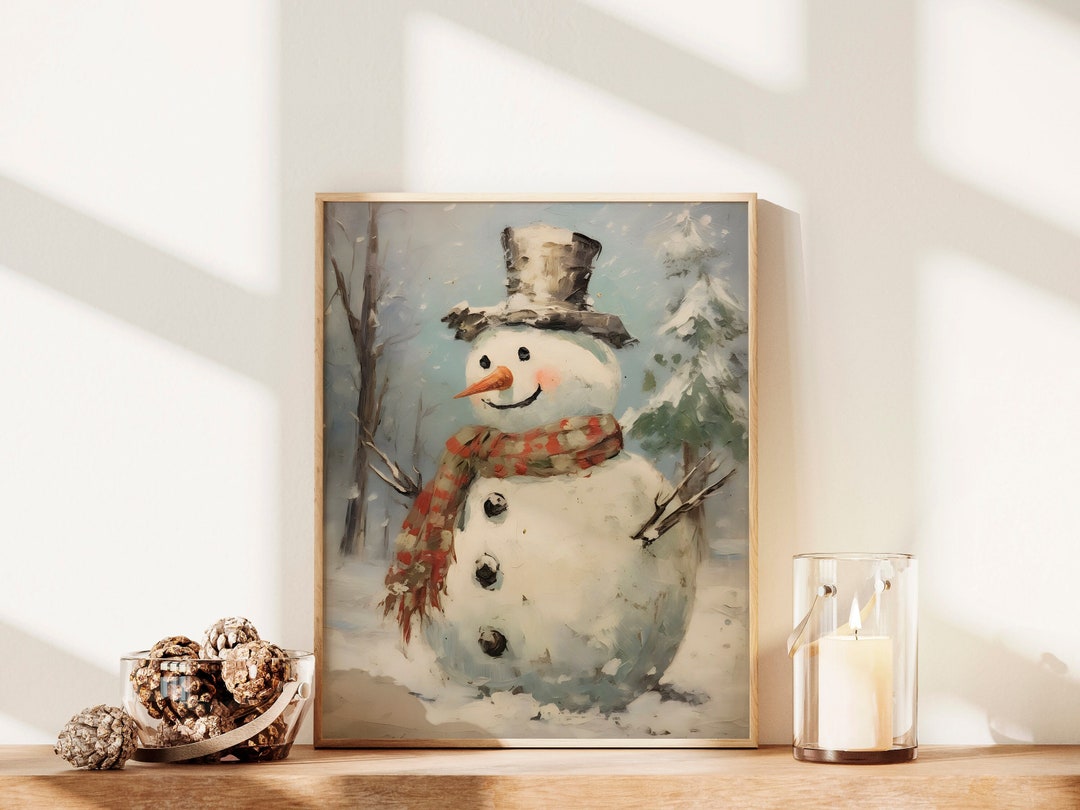 Vintage Snowman Oil Painting, Retro Christmas Decoration, Nostalgic ...