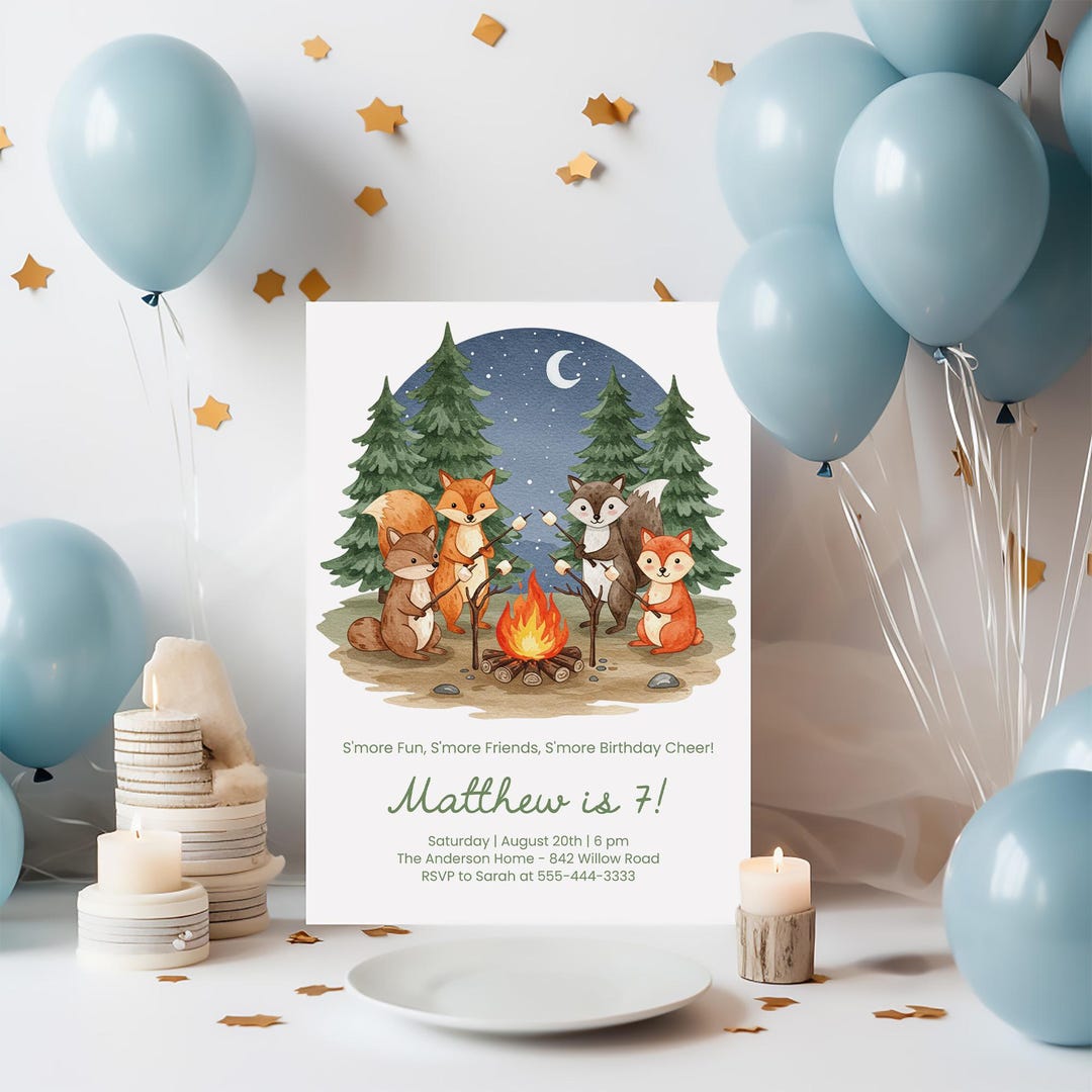 Woodland Campfire Birthday Invitation, S'mores Party Printable, Forest ...