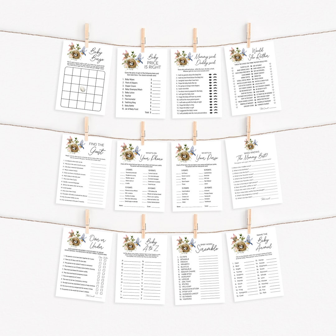 Bird's Nest Baby Shower Game Bundle, Set of 12 Games, Baby Bird Baby ...