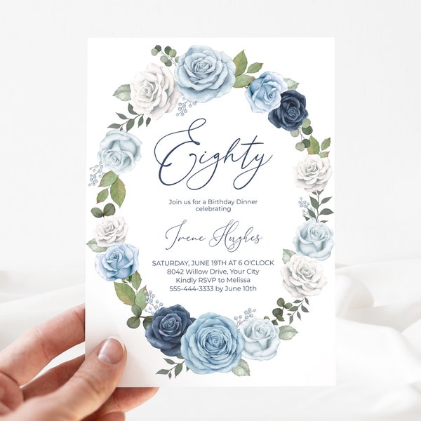 Blue 80th Birthday Invitation - Etsy