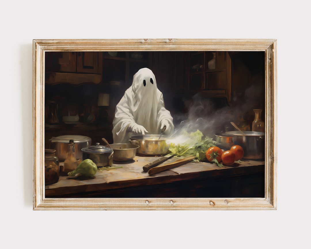 Cute Ghost Cooking Painting, Ghost Chef in Kitchen Printable Art ...