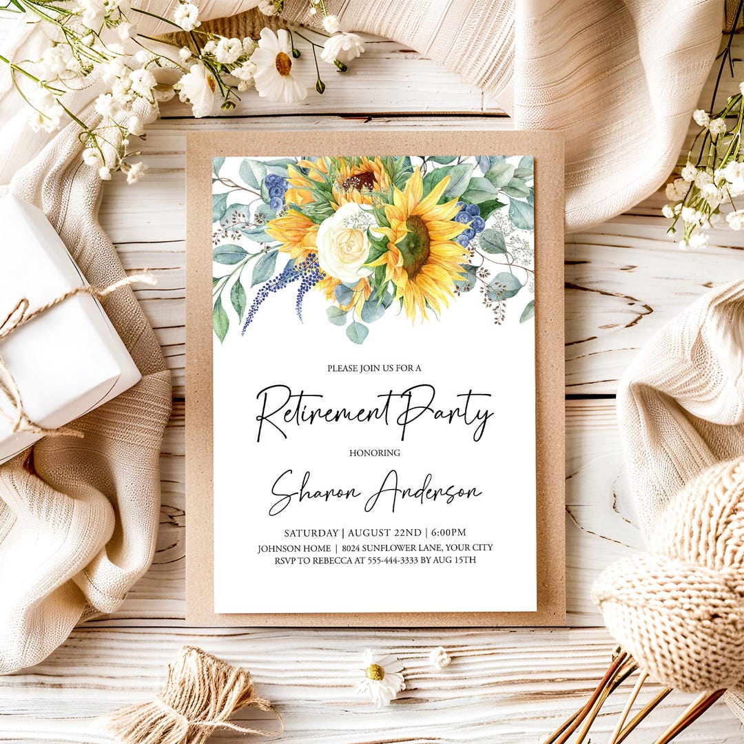 Sunflower Retirement Party Invitation, Rustic Boho Send-off Party ...