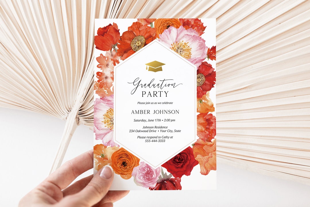 Summer Floral Graduation Party Invitation, Pink and Orange Graduation ...