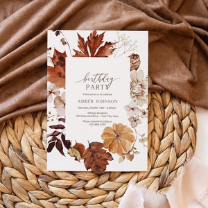 Autumn Birthday Party Invitation, Fall Floral Birthday Invite, Pumpkin ...