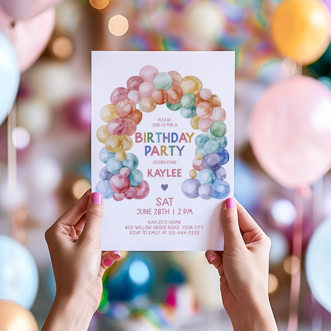 Pastel Balloon Arch Birthday Invitation, Rainbow Party Invite Template ...