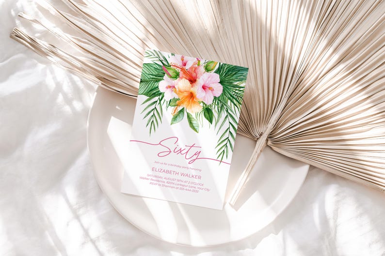 Sixty Birthday Party Invitation Template, Pink Hibiscus 60th Birthday ...