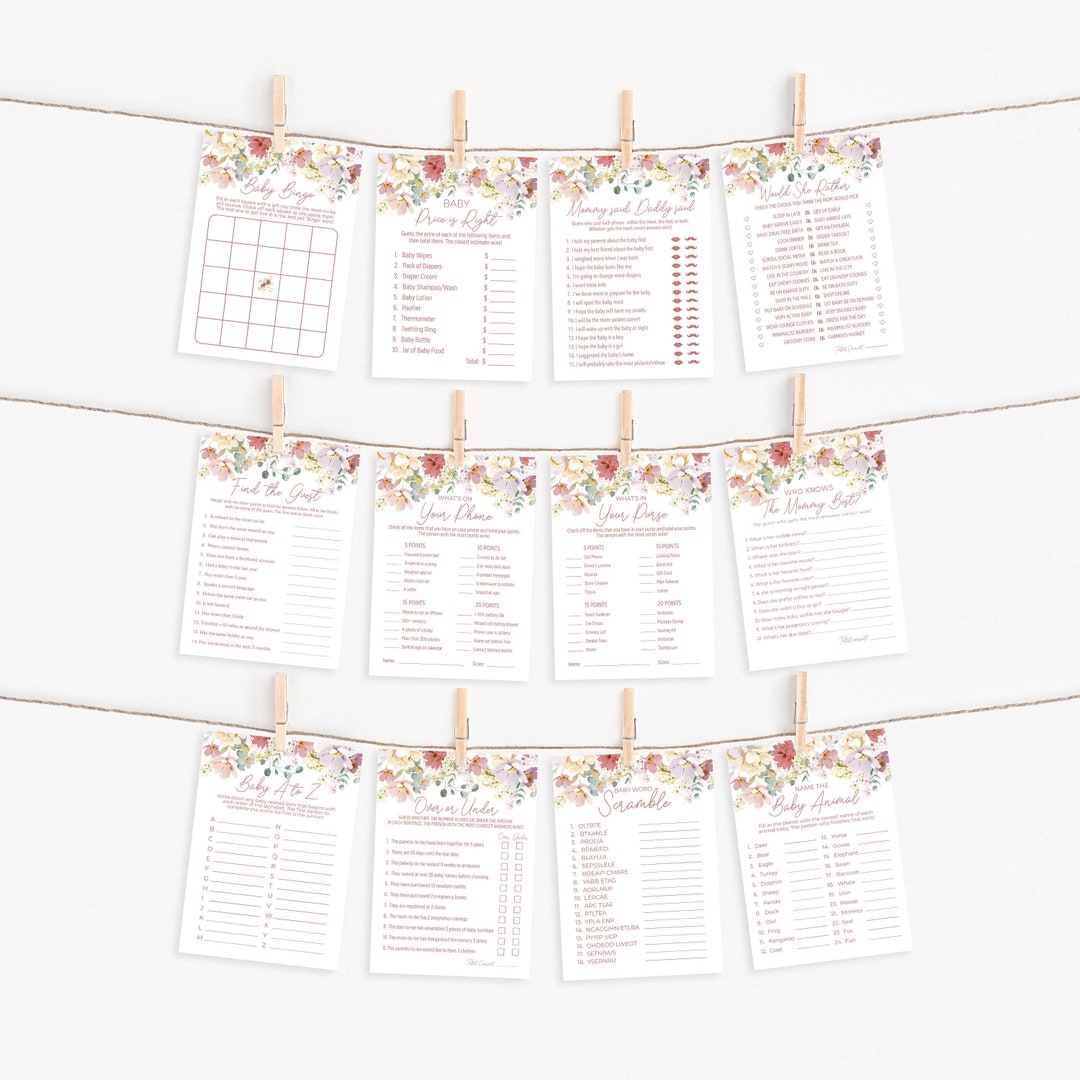 Baby Shower Game Bundle, Set of 12 Games, Spring Floral Baby Shower ...