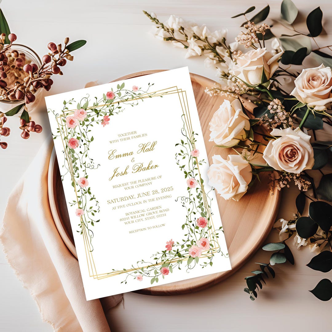 Romantic Botanical Wedding Invitation Template, Editable Pink & Gold ...