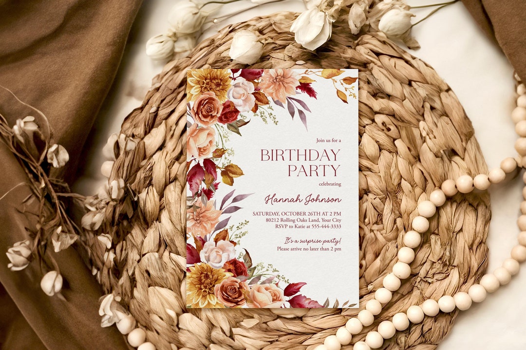 Fall Floral Birthday Party Invitation, Boho Autumn Woman's Birthday ...