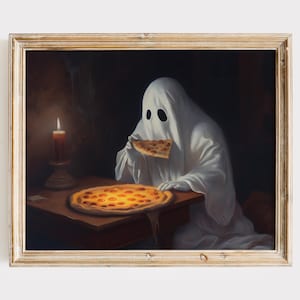 Ghost Eating Pizza Painting, Cute Ghost Printable Art, Halloween Home ...